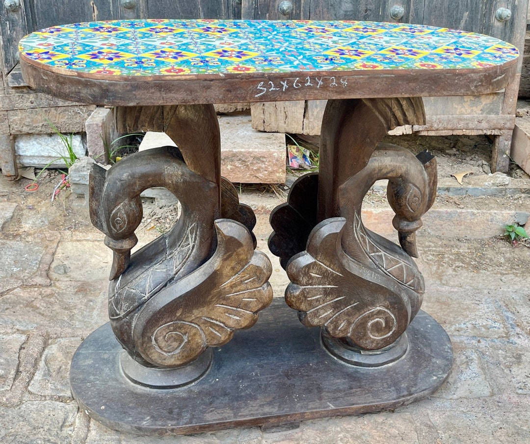 Wooden Carved Swans Designed Painted Table, Floral Coffee Table ...