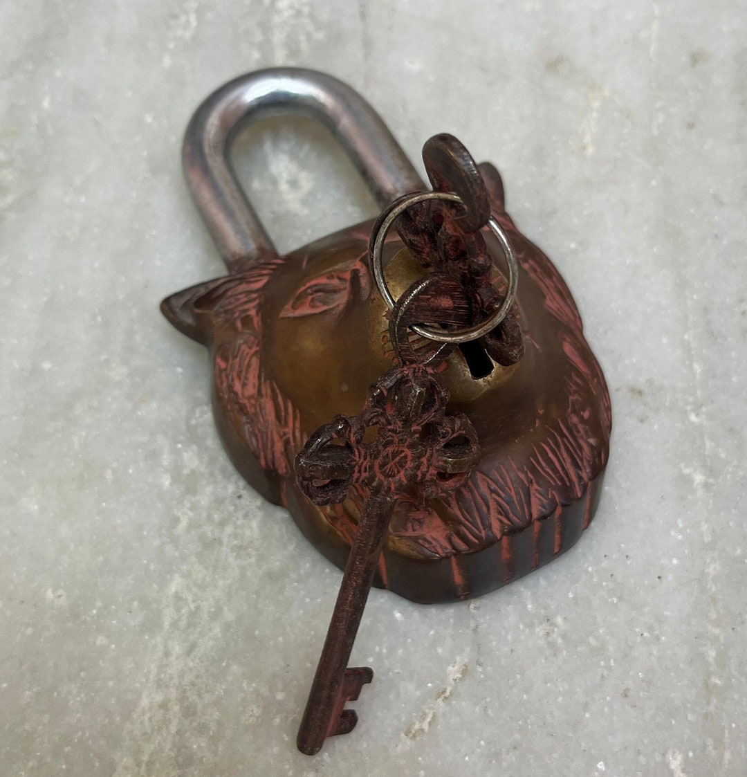 Antique Lion Face Shaped Brass Padlock With Two Keys, Hand Carved Door ...