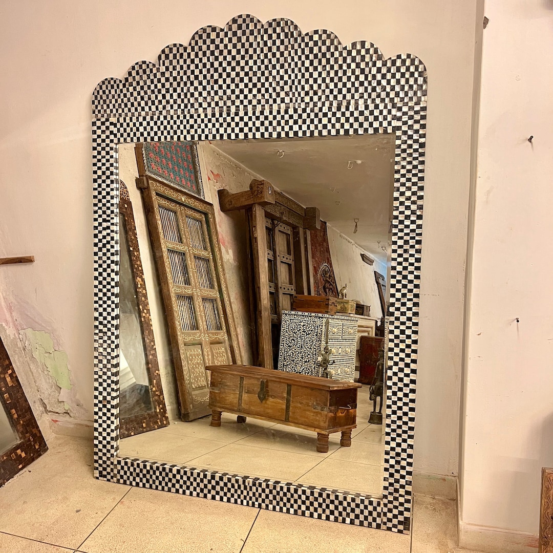 Wood Bone Inlay Framed Mirror With Glass, Bathroom Mirror, Wall Hanging ...