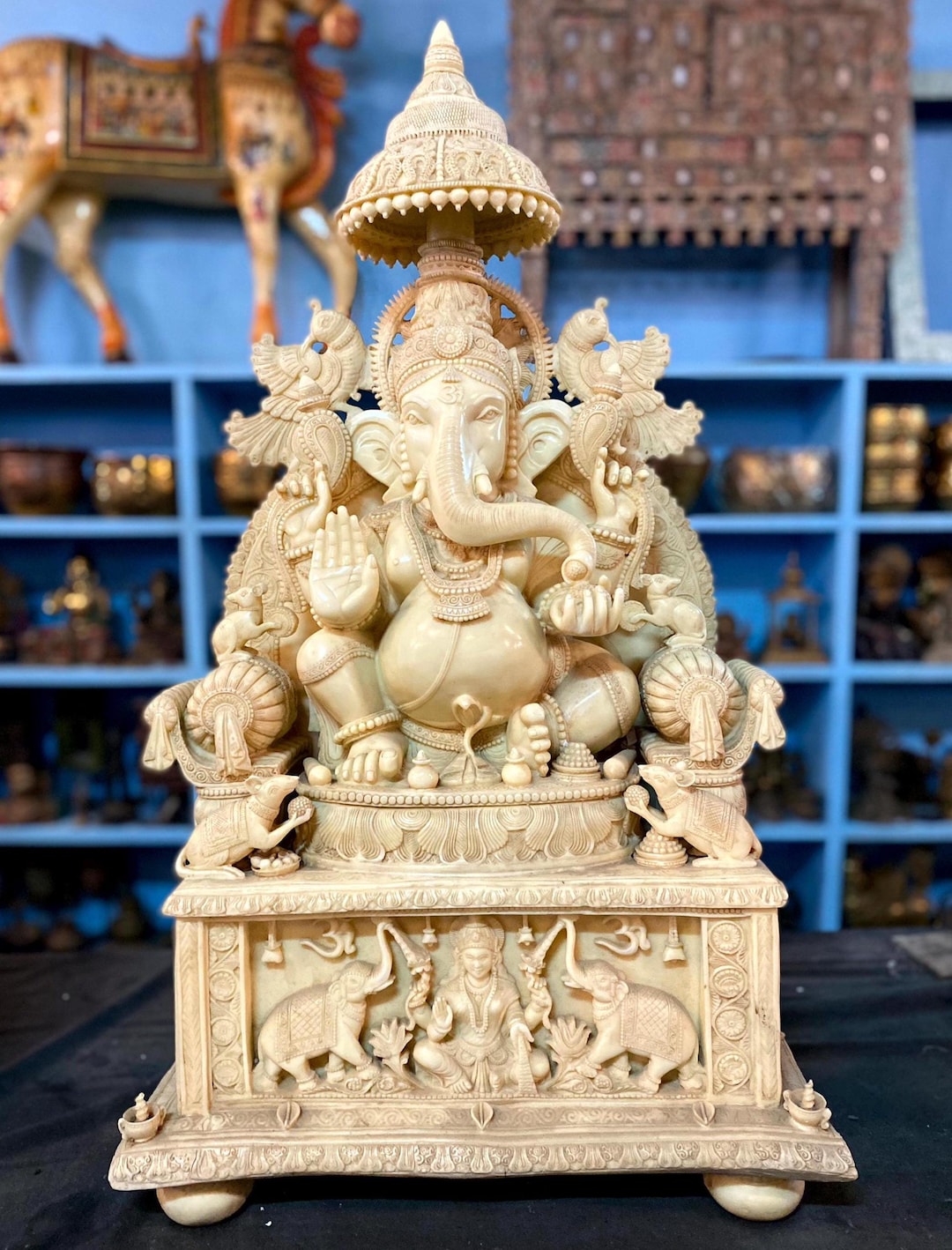 Lord Ganesha Sitting Idol Under Umbrella Statue, Good Luck God, Carved ...