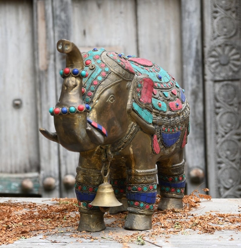 Brass Trunk up Elephant With Bell Statue With Stonework, Good Fortune ...