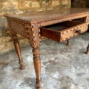 Wooden Carved Bone Inlay Study Table/office Table, Sheesham Wood Study ...