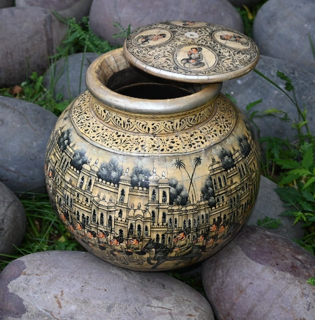 Handmade Bone Inlay Pot With Lid, Hand Drawn Mughal Paintings, Vintage ...