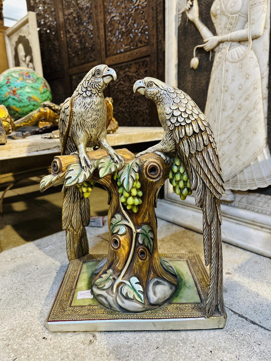 Two Marble Colored Parrot, Hand Painted Marble Sculpture, Tabletop ...