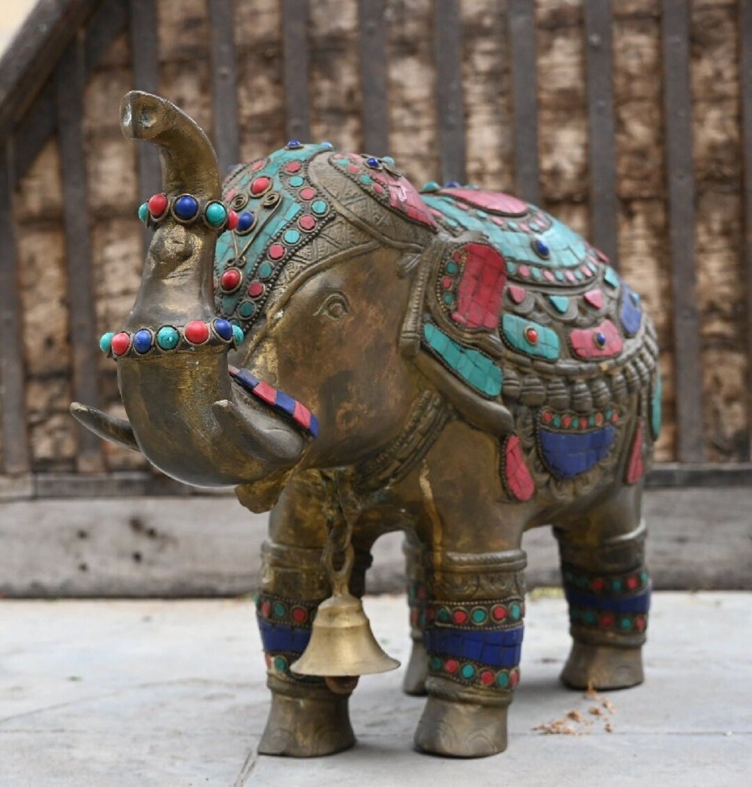 Brass Trunk up Elephant With Bell Statue With Stonework, Good Fortune ...