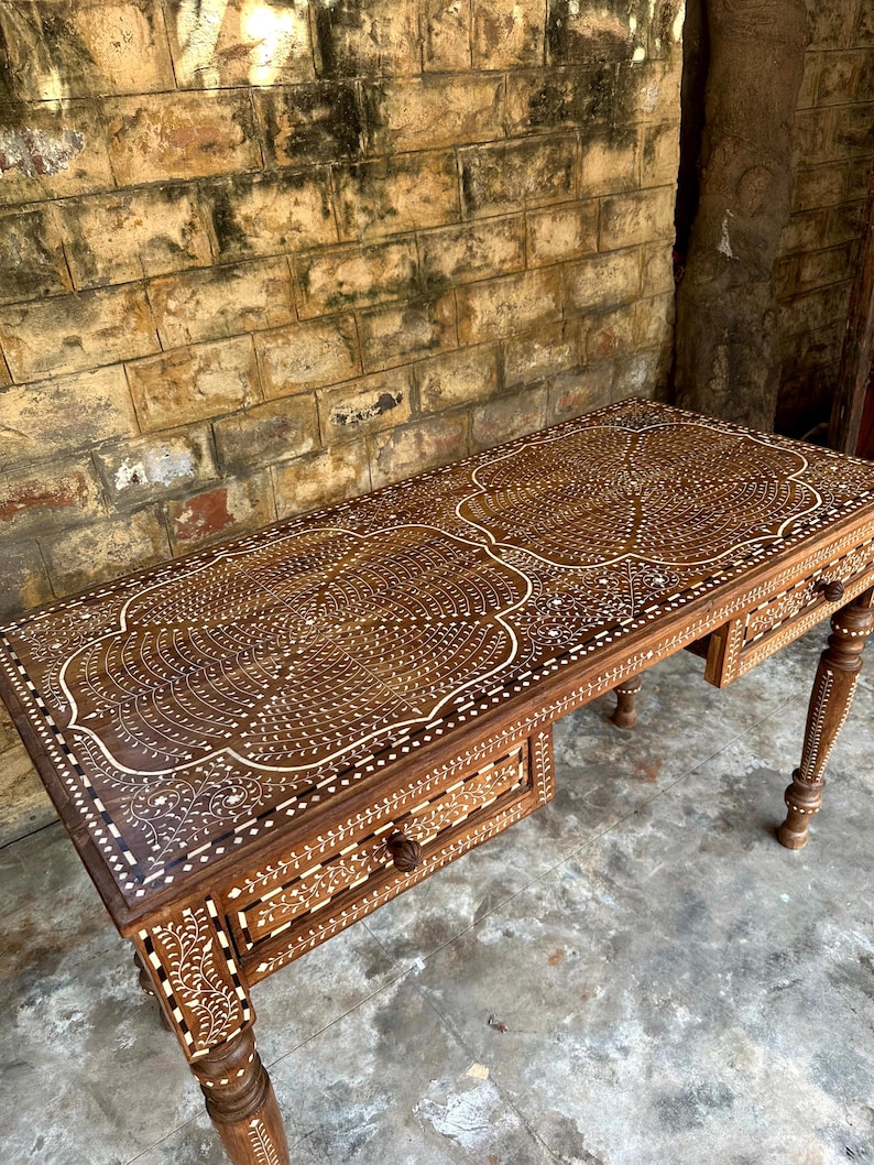 Wooden Carved Bone Inlay Study Table/office Table, Sheesham Wood Study ...