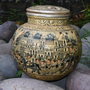 Handmade Bone Inlay Pot With Lid, Hand Drawn Mughal Paintings, Vintage ...