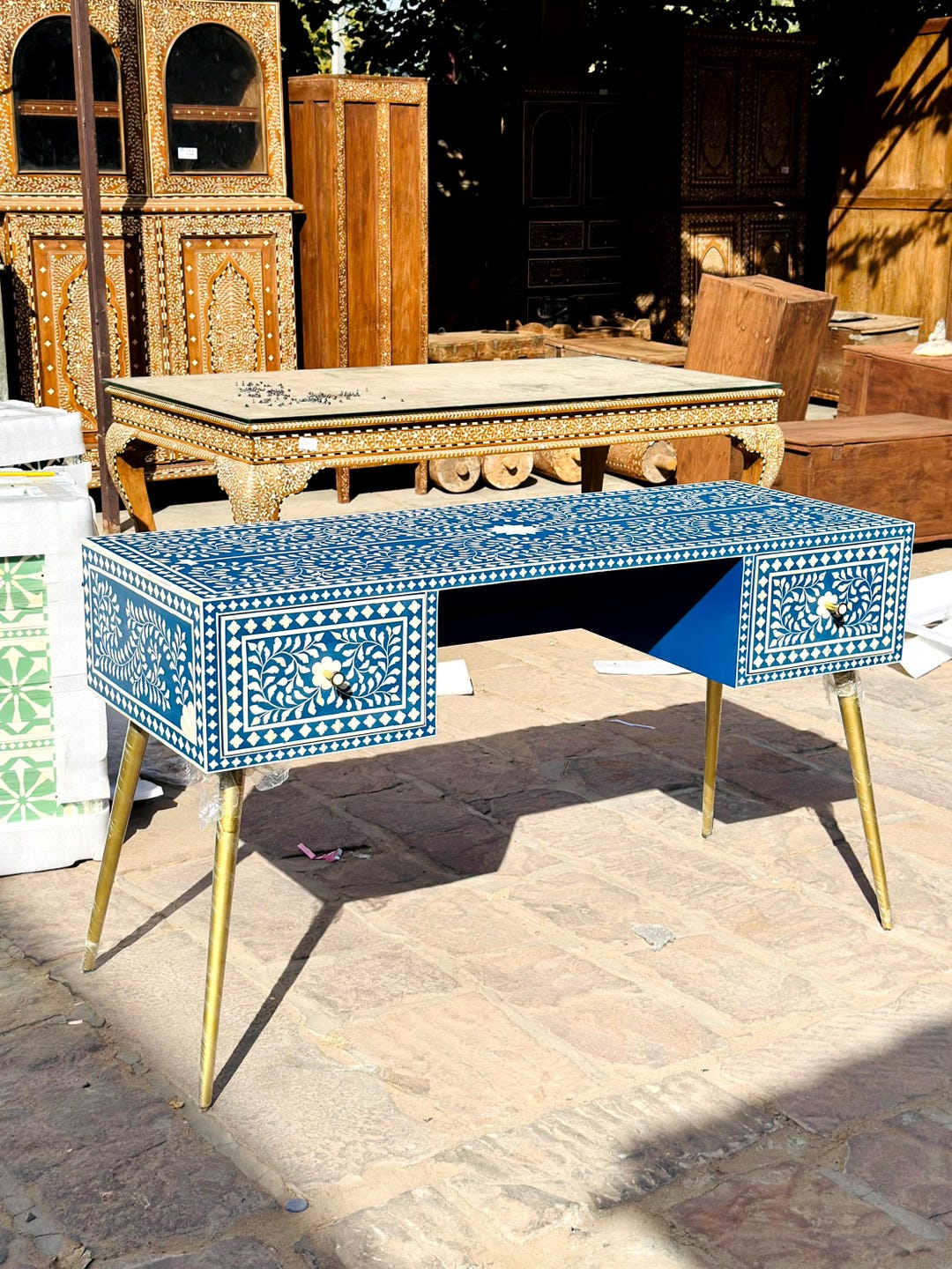 Handmade Bone Inlay 2 Drawer Table, Bone Inlay Console Table, Bone ...