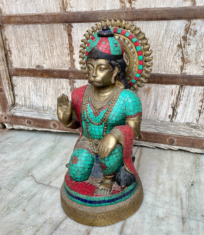 Lord Hanuman Sculpture With Stone Work, Bronze Blessing Hanuman Idol ...