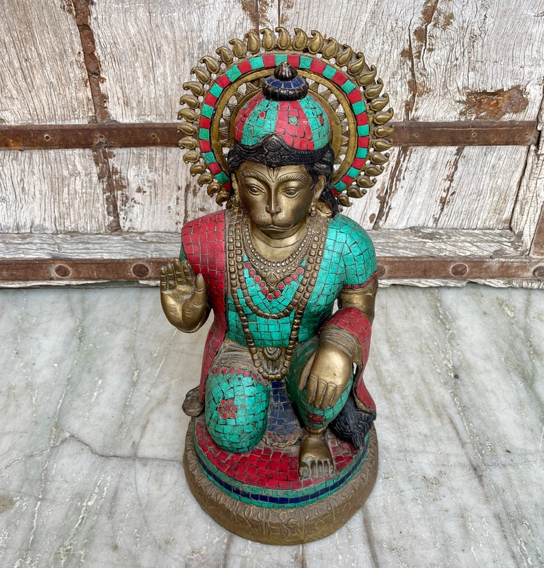 Lord Hanuman Sculpture With Stone Work, Bronze Blessing Hanuman Idol ...