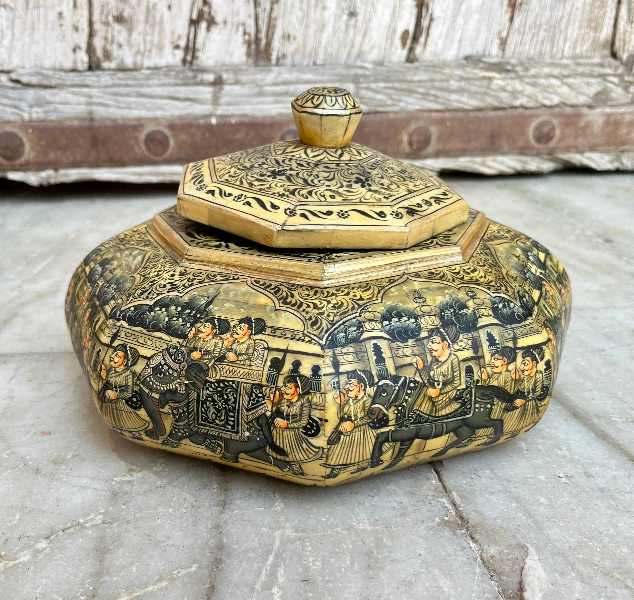 Hexagon Teak Wood Bone Inlay Opium Box, Hand Carved, Tobacco Storage ...