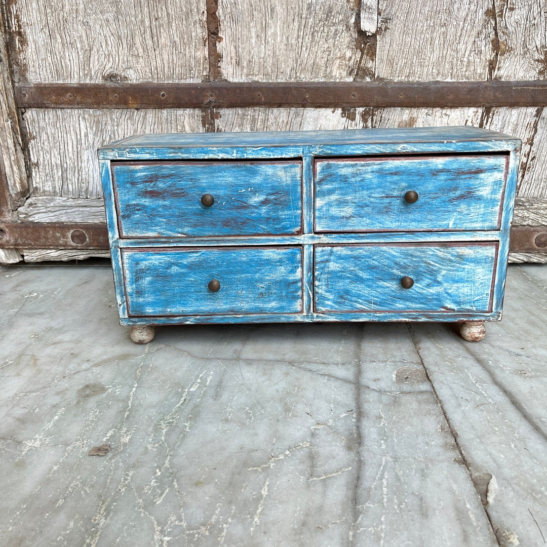 Blue Painted Wooden Rustic Chest of 4 Drawers, Trinket Box, Jewlery Box ...