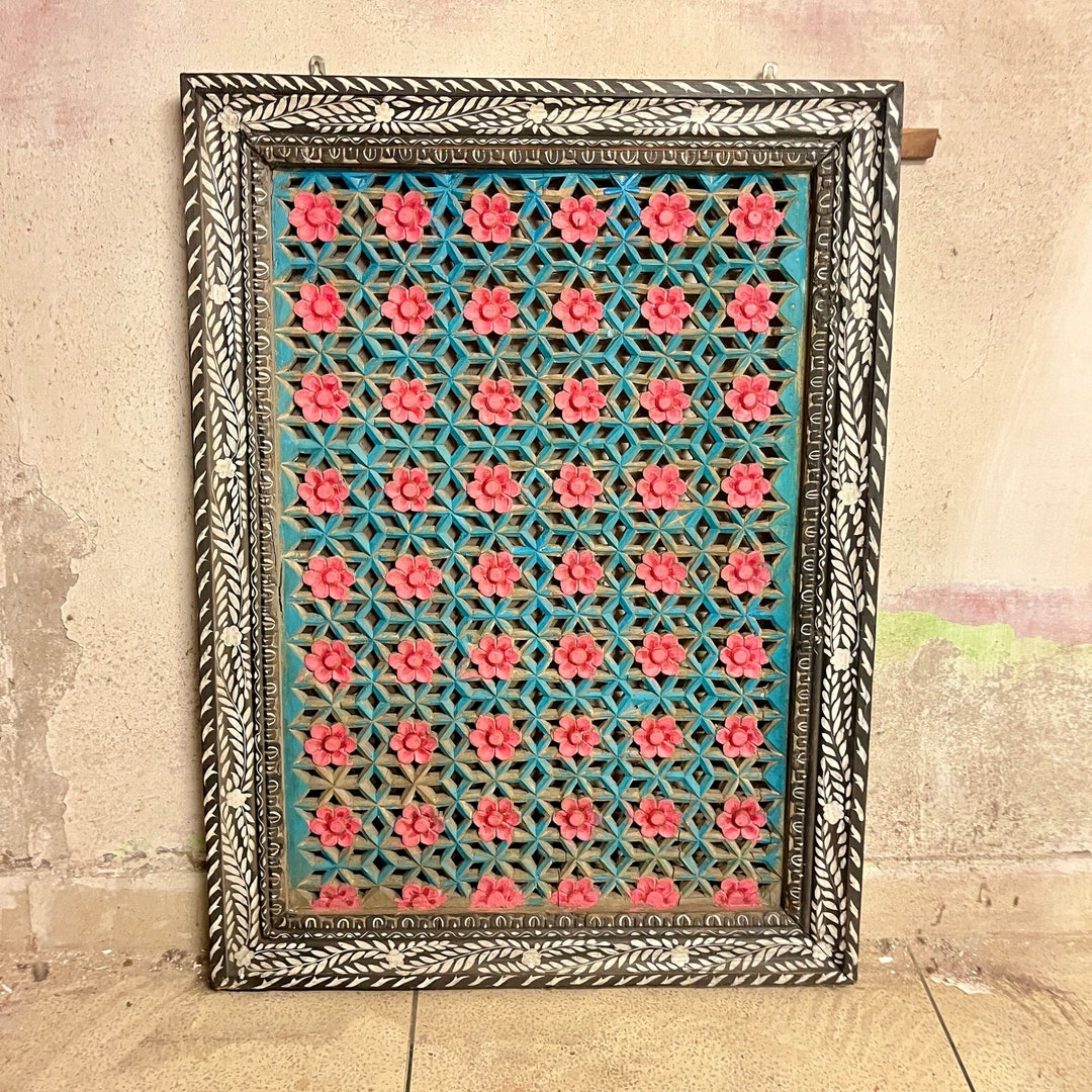 Painted Wooden Jaali Carving Wall Panel, Indian Wall Art, Distressed ...