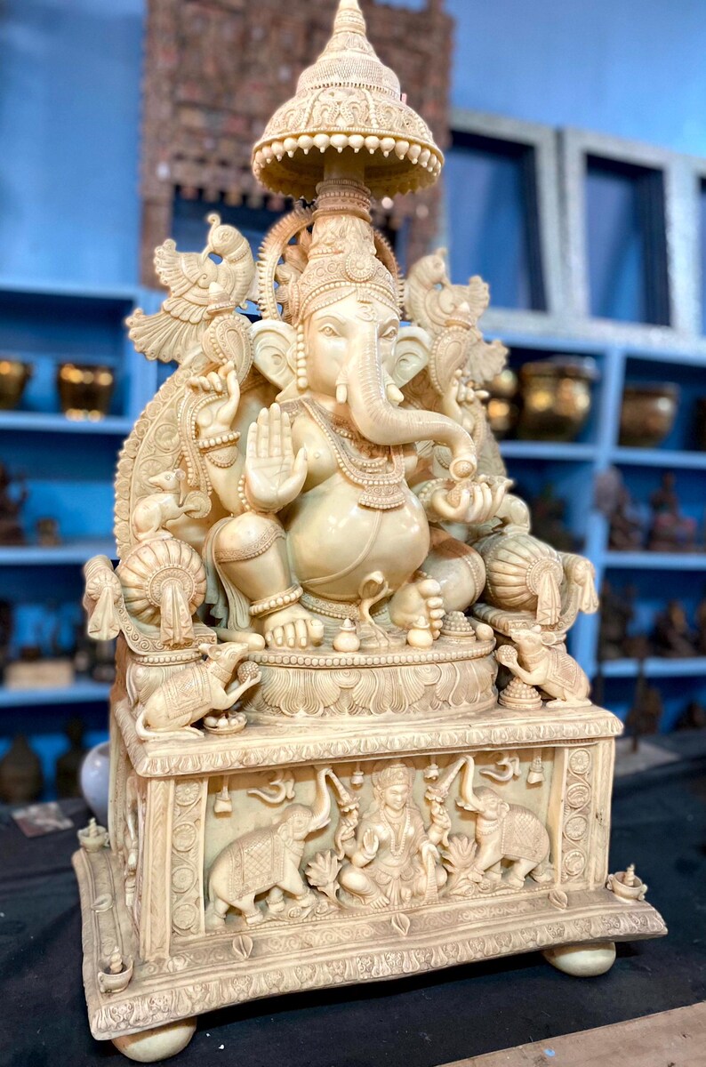 Lord Ganesha Sitting Idol Under Umbrella Statue, Good Luck God, Carved ...