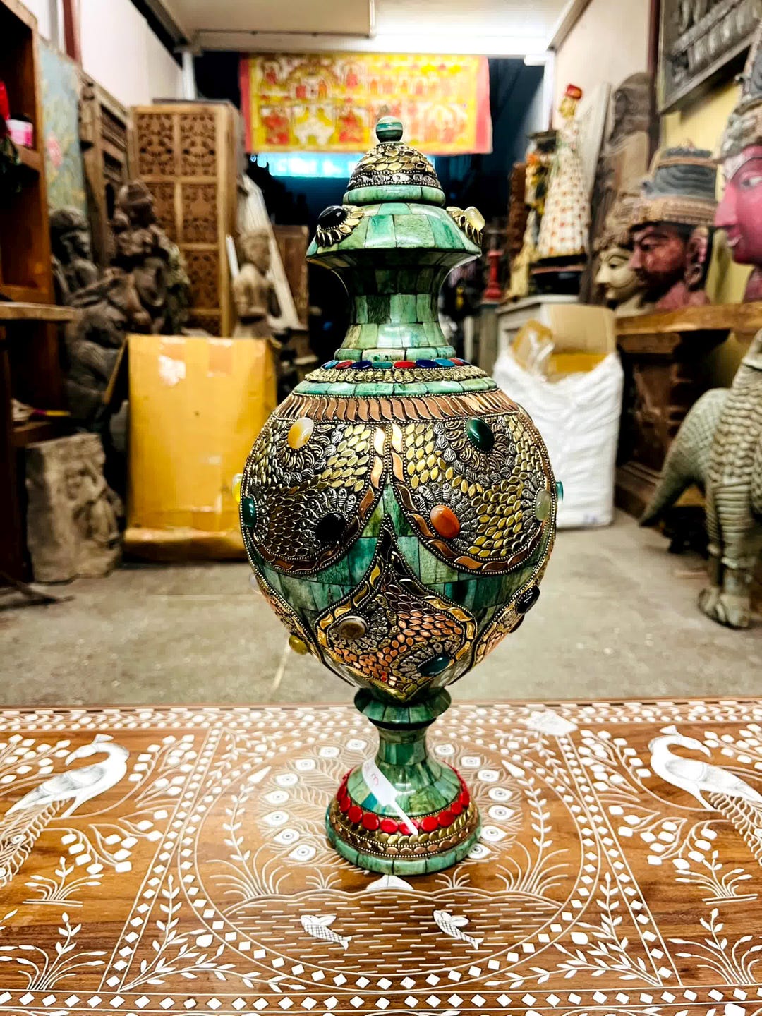Green Bone Inlay Decorative Pot With Gemstone, Embellishment, Antique ...