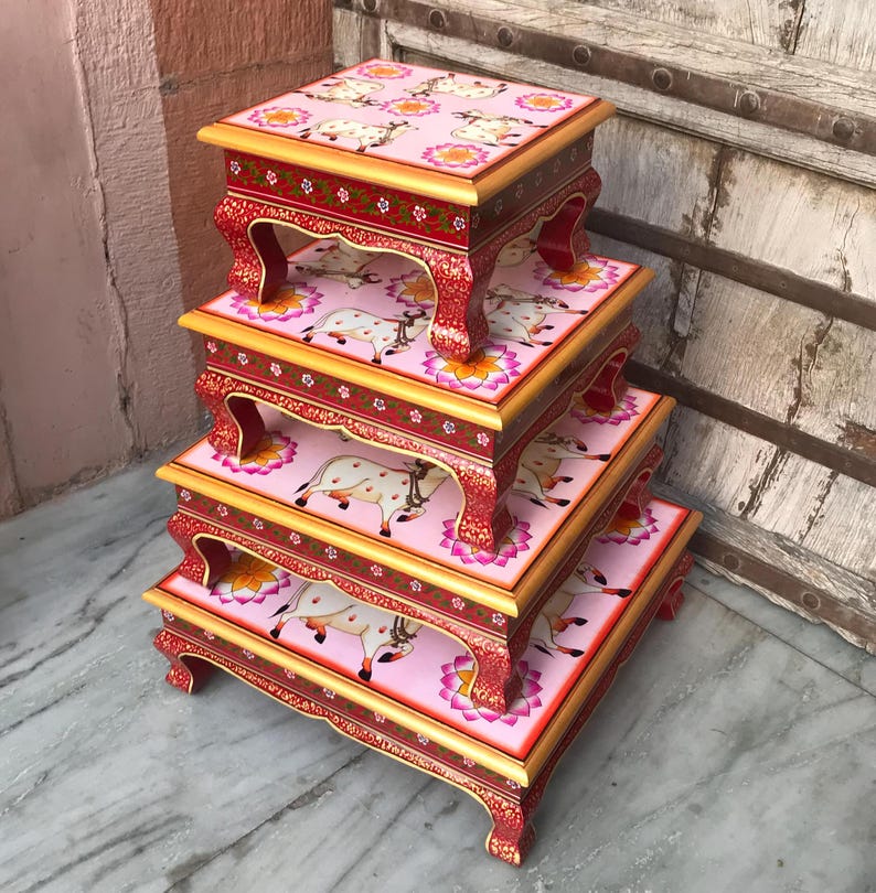 Cow Painted Chowki, Embossed Work Chowkis, Wooden Traditional Hand ...