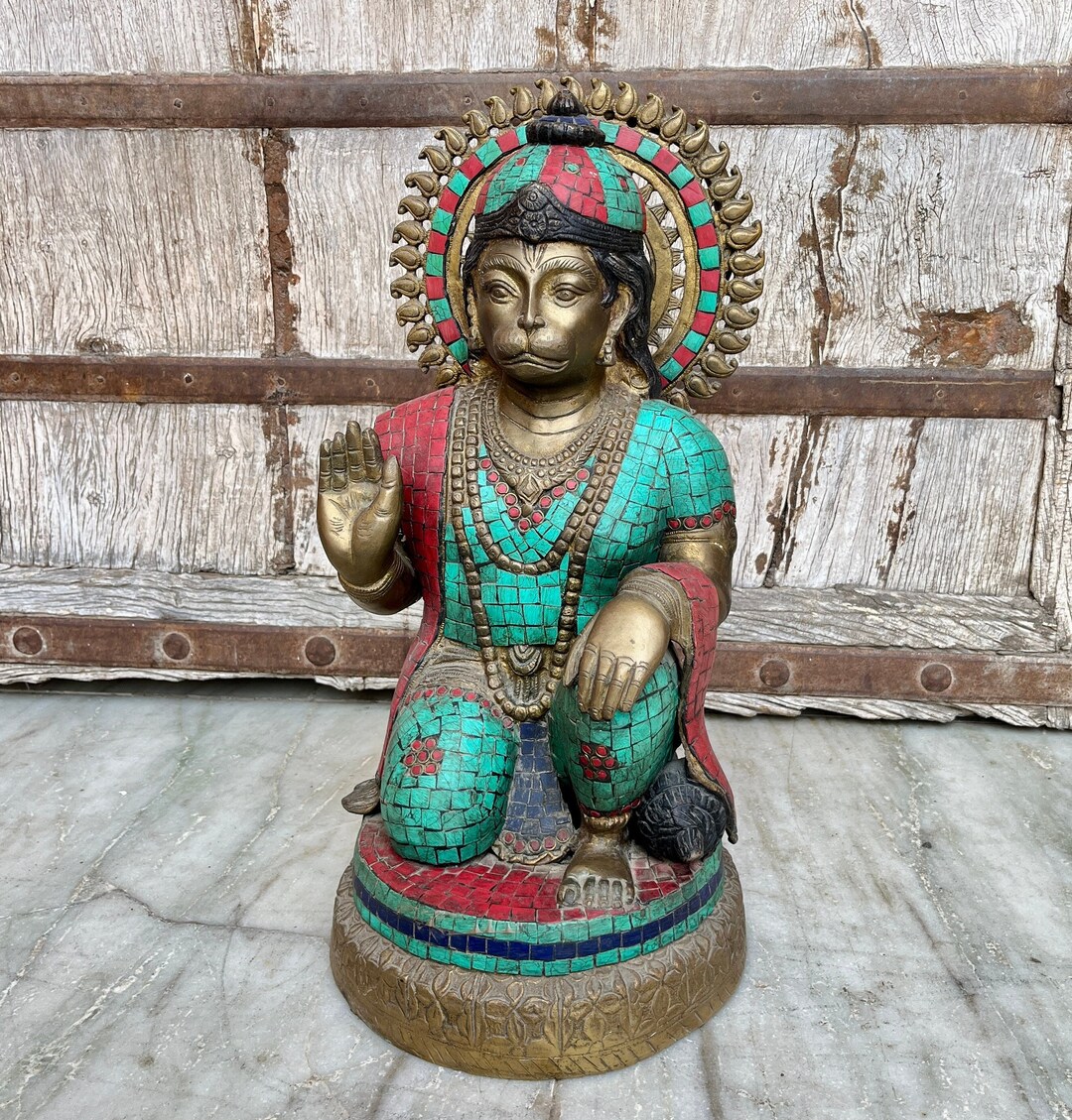 Lord Hanuman Sculpture With Stone Work, Bronze Blessing Hanuman Idol ...
