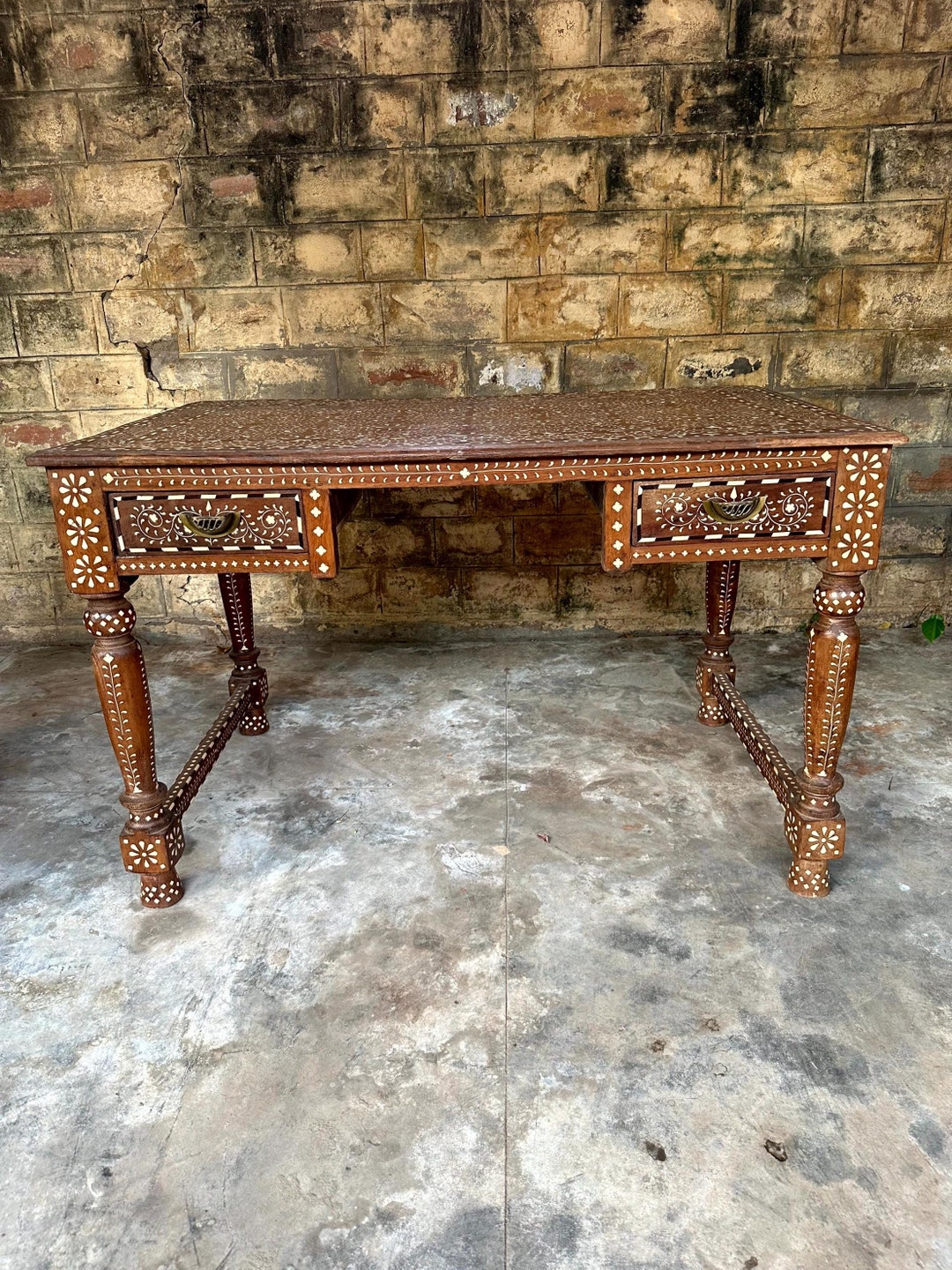 Sheesham Wood Study Table With Drawer Storage, Wooden Carved Bone Inlay ...
