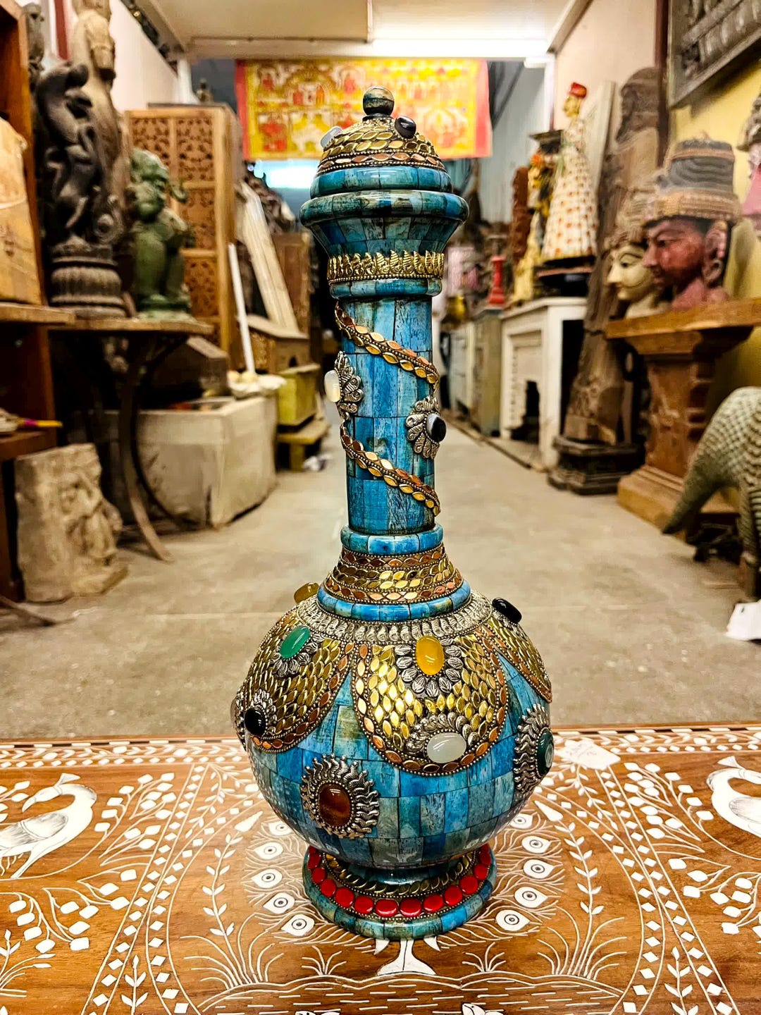 Boho Home Décor, Blue Bone Inlay Pot, Gemstone Inlay Vase,, Handcrafted ...