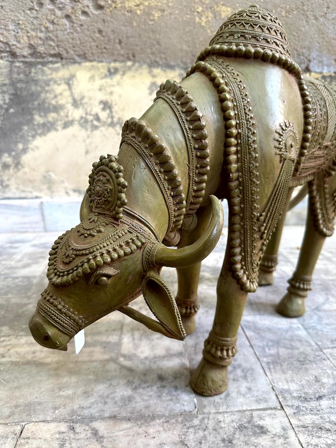 Brass Dark Yellow Bull Statue With Full-body Jewelry | Bull Figurine ...
