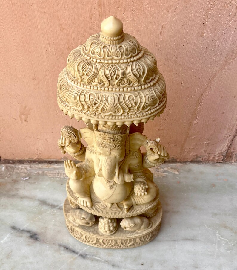 Lord Ganesha Sitting Idol Under Umbrella Statue, Hand Carved, Hindu God ...