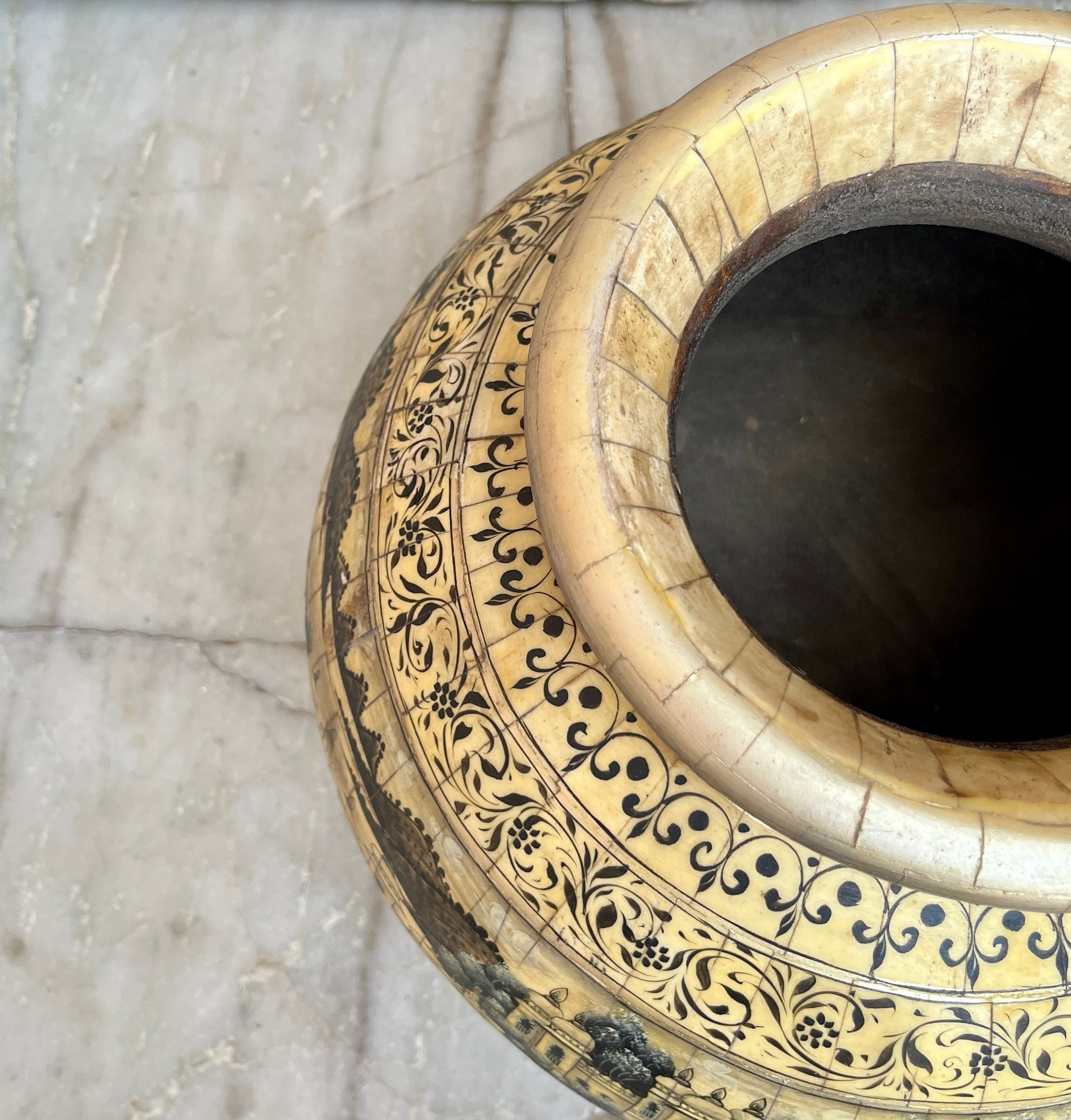 Handmade Bone Inlay Pot With Lid, Hand Drawn Mughal Paintings, Vintage ...