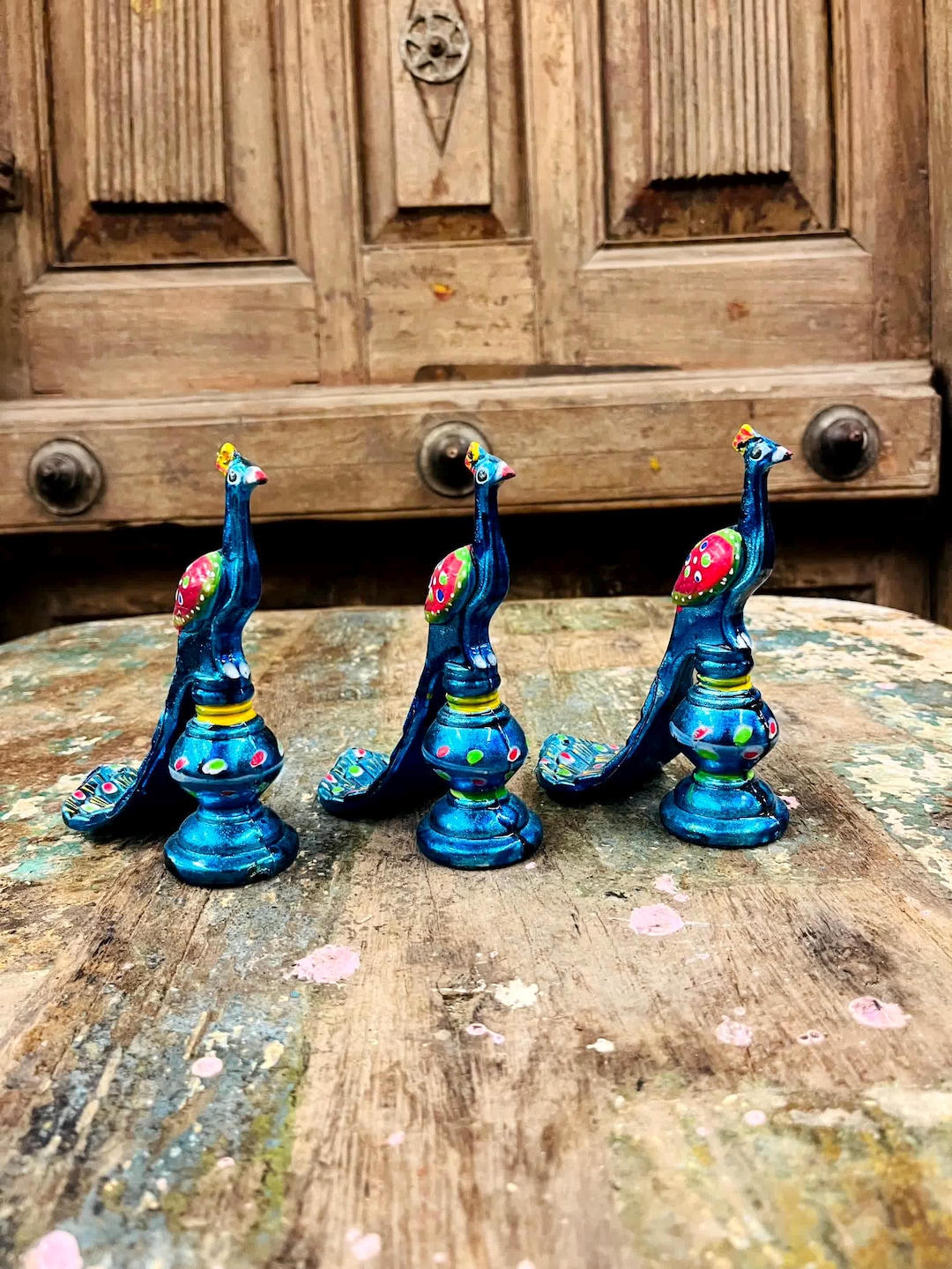 Blue Peacock Figurines Set of 3 Hand-painted Decorative Bird Statues ...