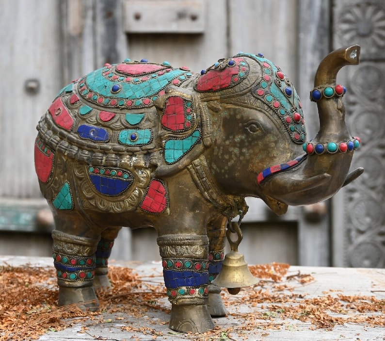 Brass Trunk up Elephant With Bell Statue With Stonework, Good Fortune ...