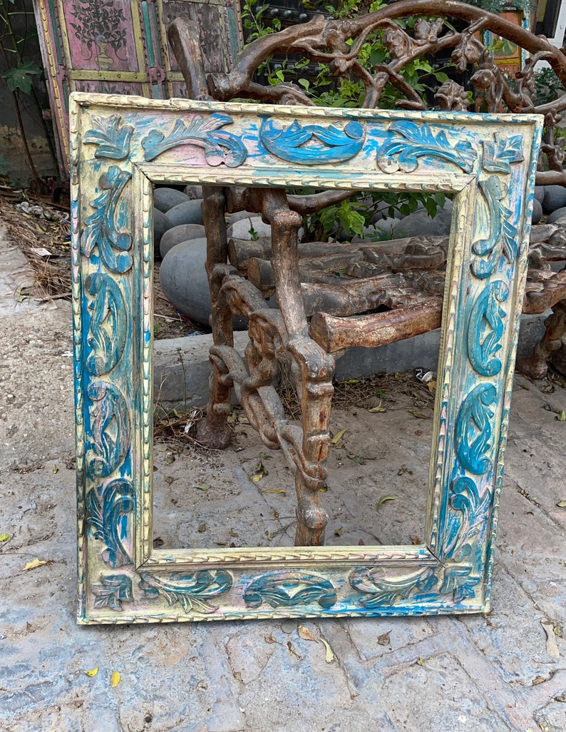 Reclaimed Wooden Mirror in Antique Blue Finish, Wall Mount Art, Hand ...