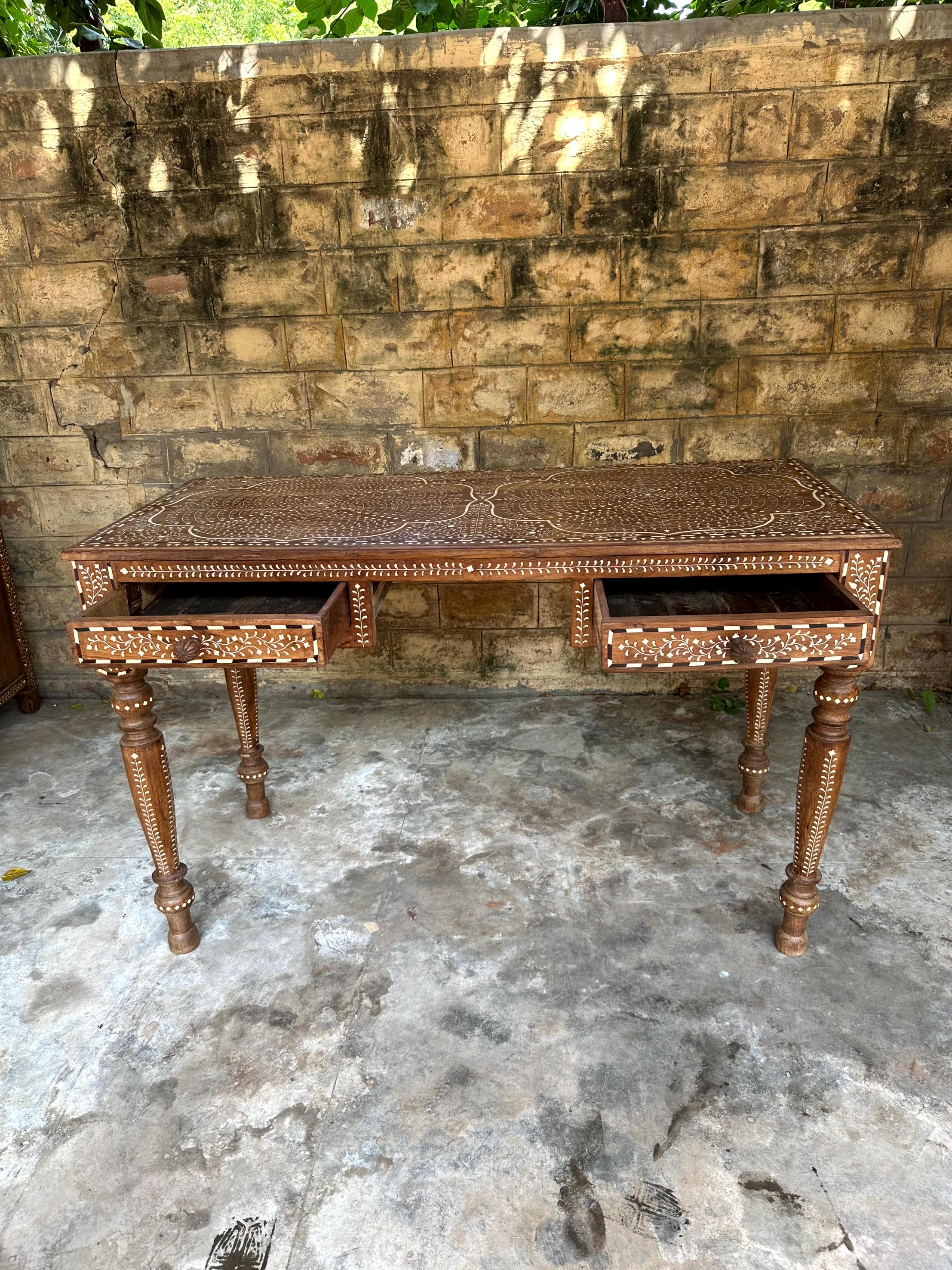 Wooden Carved Bone Inlay Study Table/office Table, Sheesham Wood Study ...