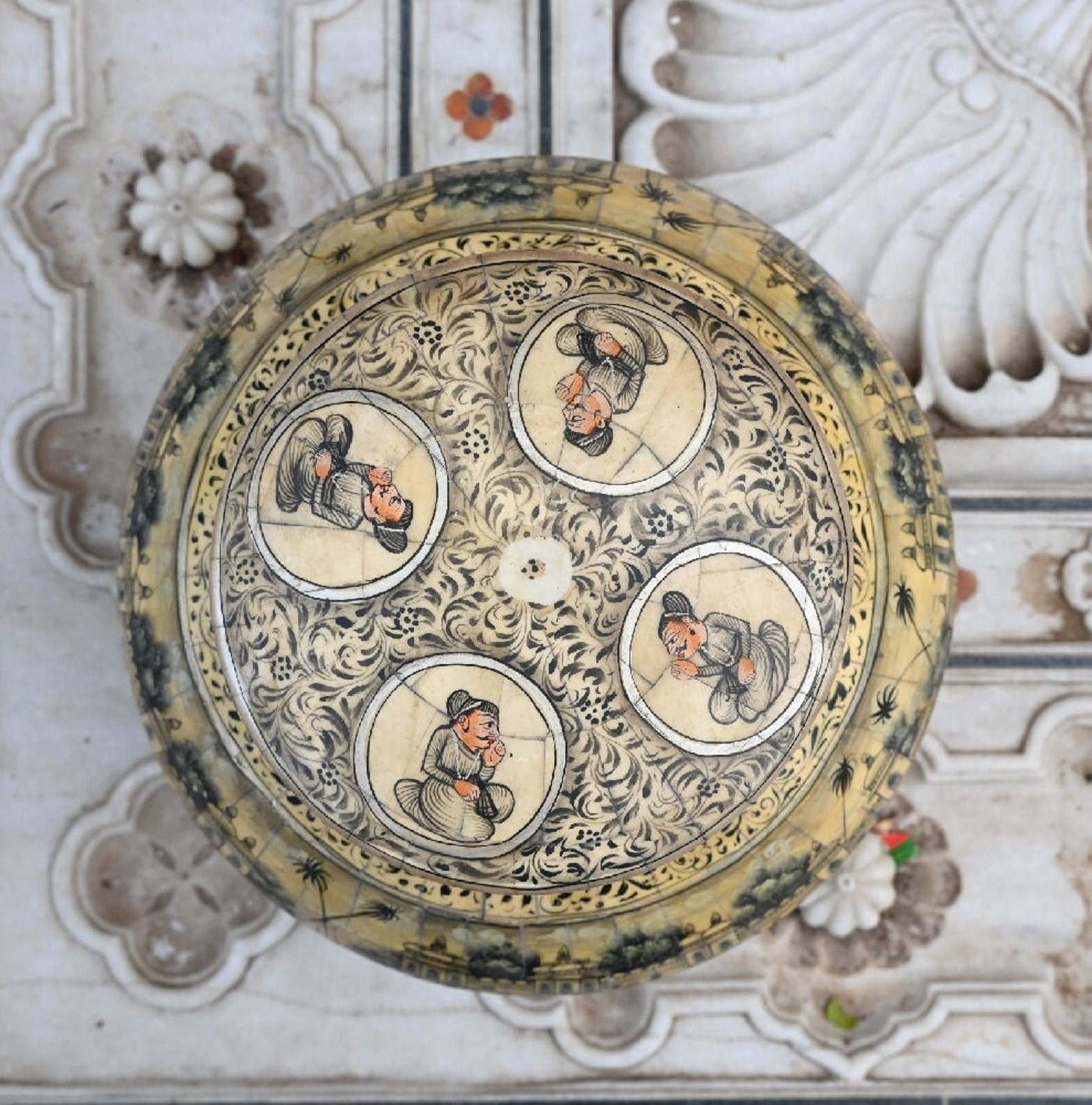 Handmade Bone Inlay Pot With Lid, Hand Drawn Mughal Paintings, Vintage ...