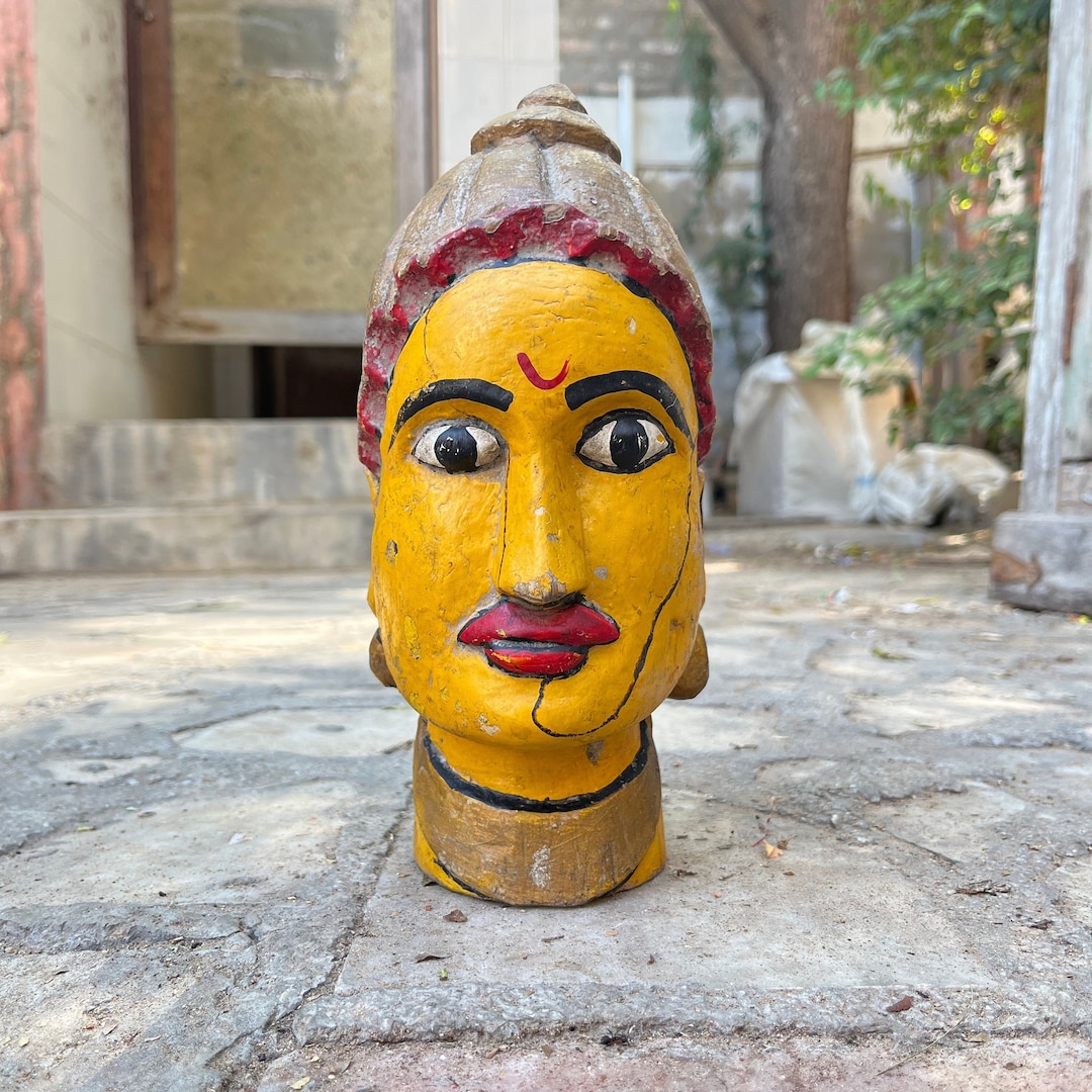 Gauri Head Figurine, Wooden Painted Woman Bust Sculpture, Hand Carved ...