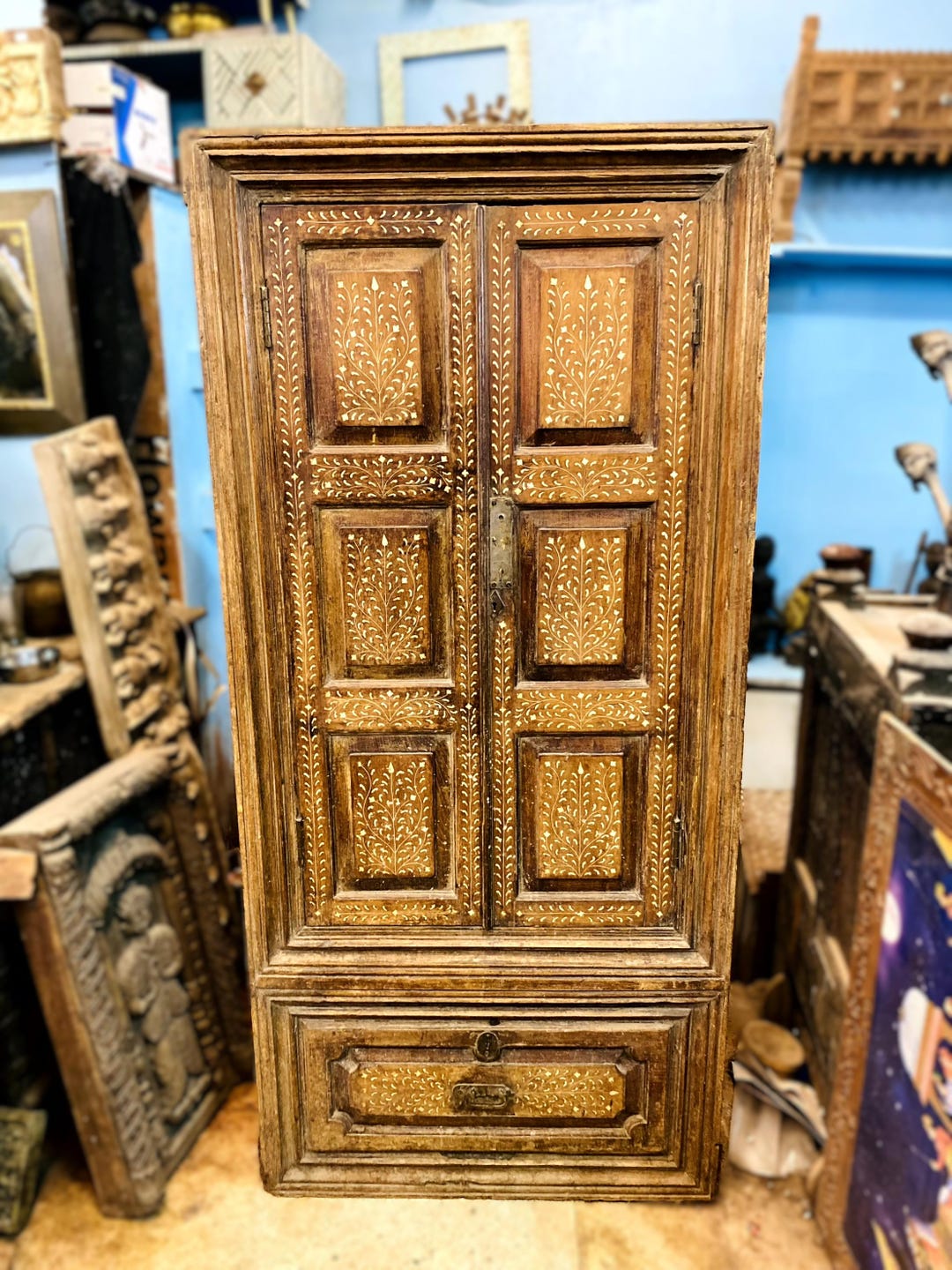 Bone Floral Craved Wooden Door, Hand Carved Indian Door, Distressed ...