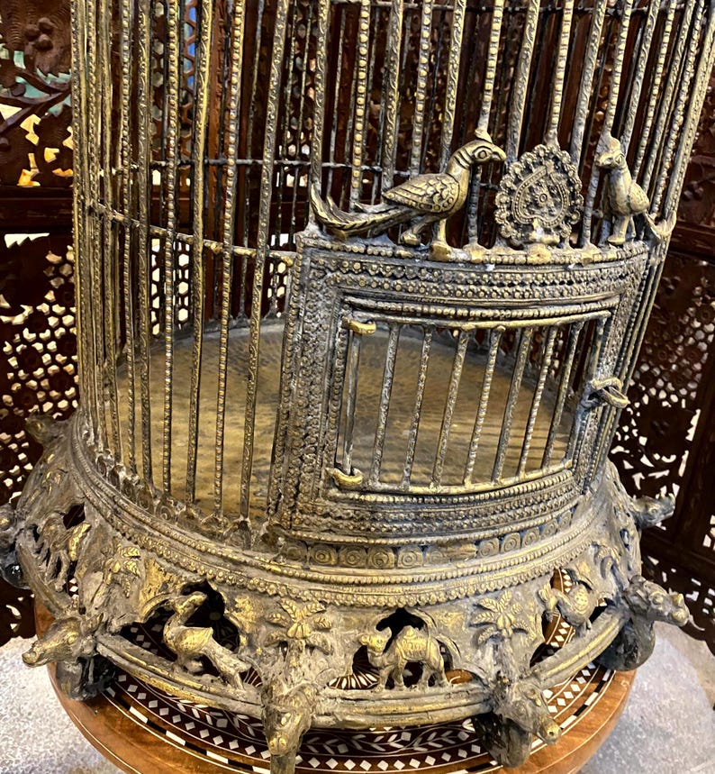 Vintage Victorian Era Brass Bird Cage, Carved Brass Pinjara ...