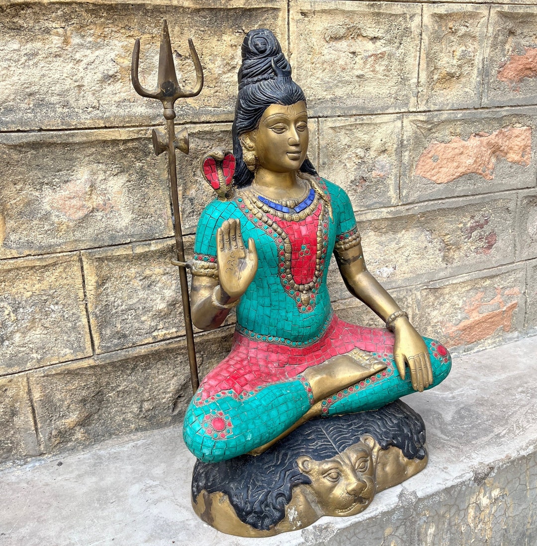 Brass Old Lord Shiva With Stonework Statue, Hindu Idol, Temple Decor ...