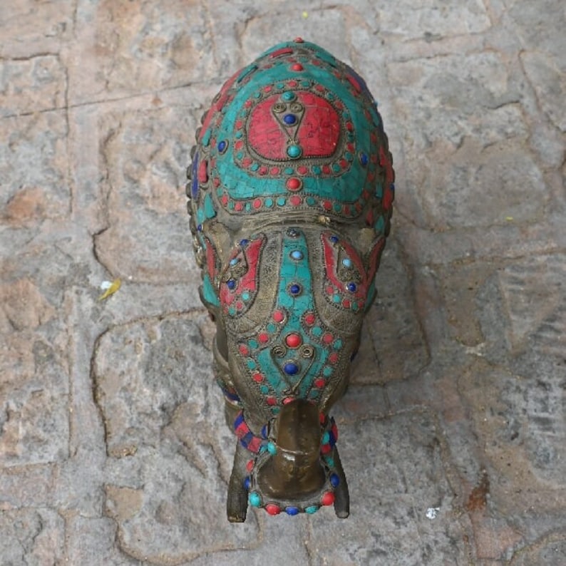 Brass Trunk up Elephant With Bell Statue With Stonework, Good Fortune ...