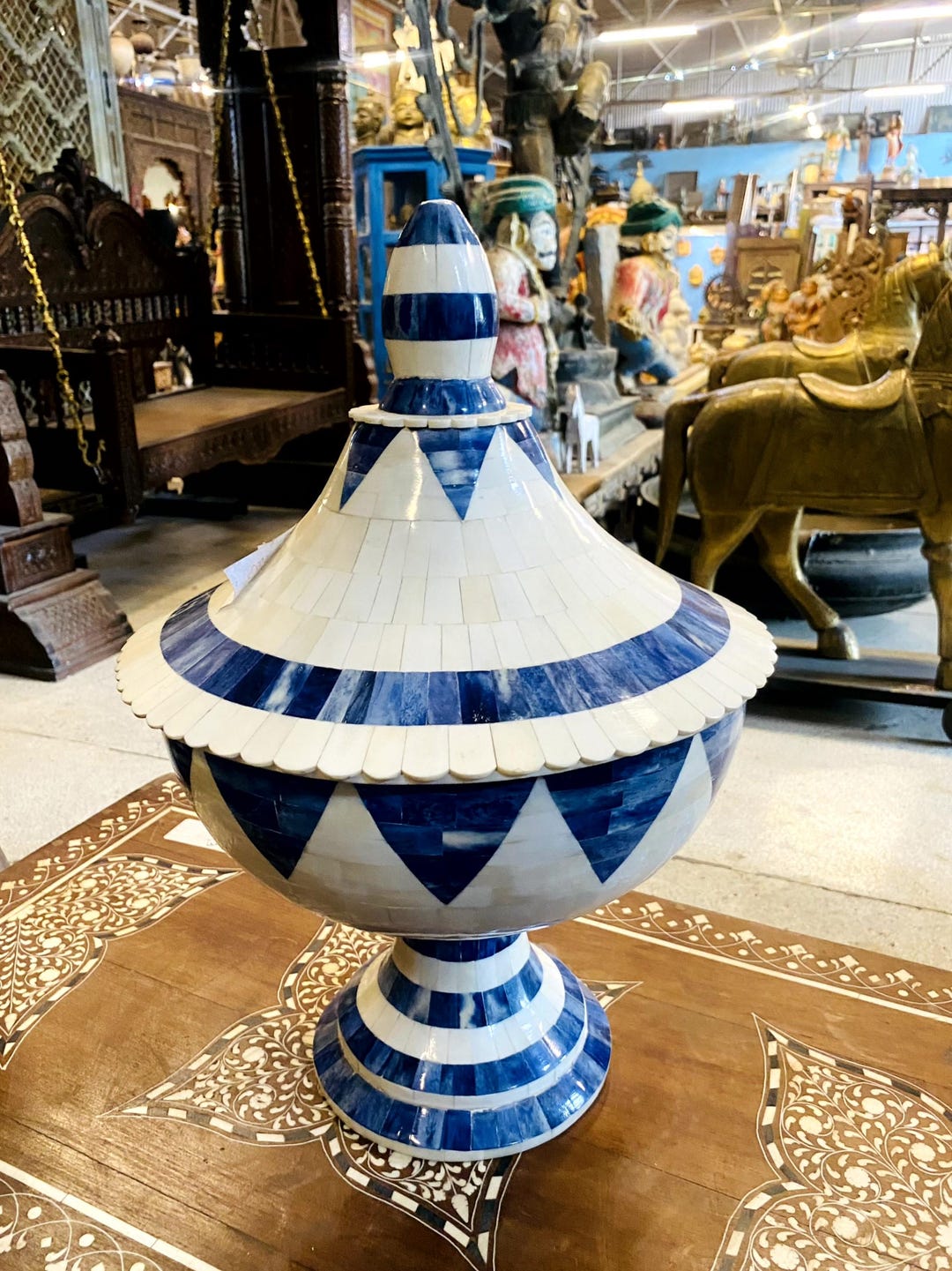 Blue and White Bone Jar, Folk Art Bone Box, Bone Inlay Storage Pot ...