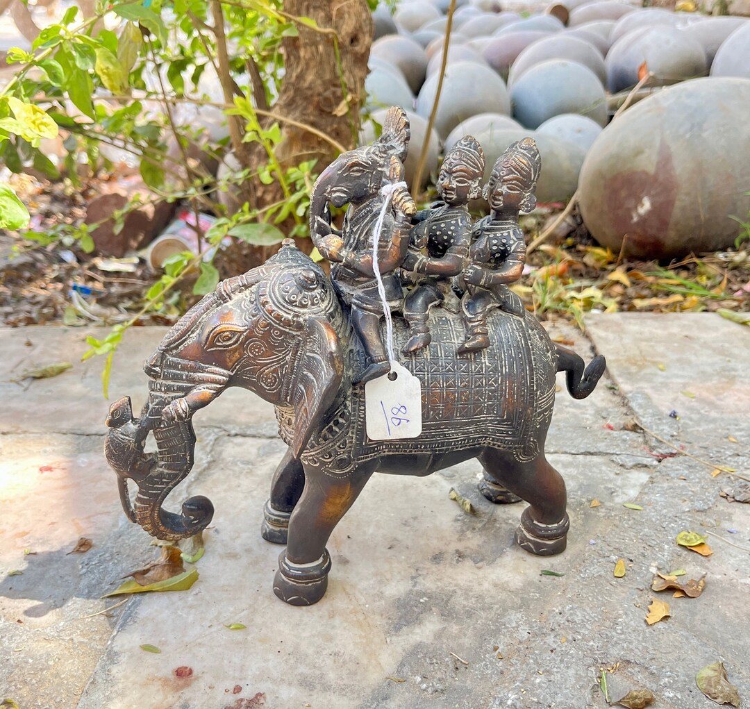 Bronze Riddhi Siddhi Ganesha God Riding on Elephant Idol Statue ...