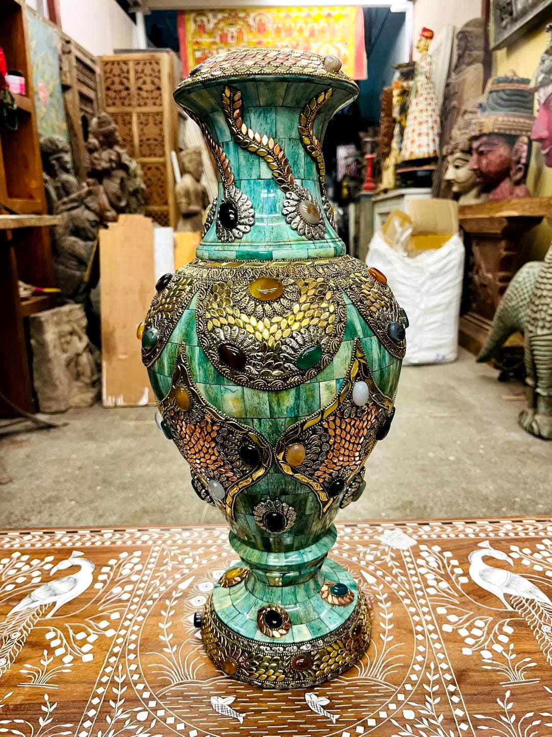 Green Bone Inlay Decorative Pot With Semi, Precious Stone ...