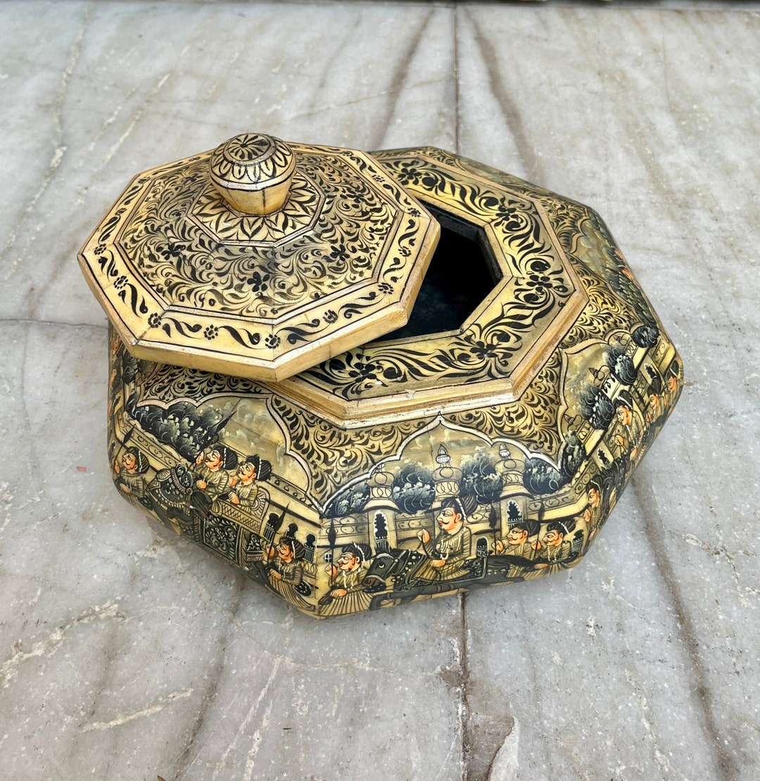 Hexagon Teak Wood Bone Inlay Opium Box, Hand Carved, Tobacco Storage ...