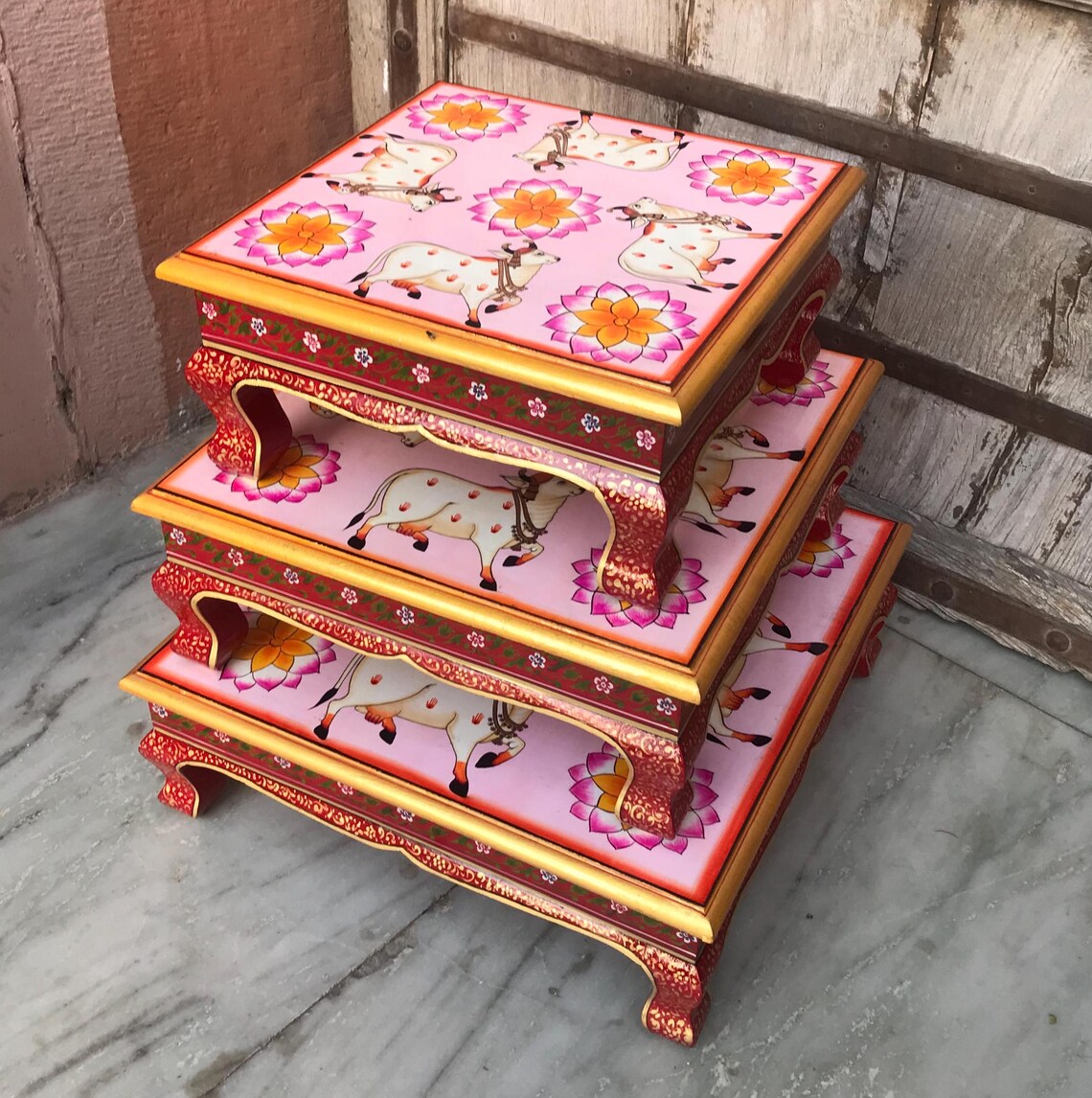 Cow Painted Chowki, Embossed Work Chowkis, Wooden Traditional Hand ...