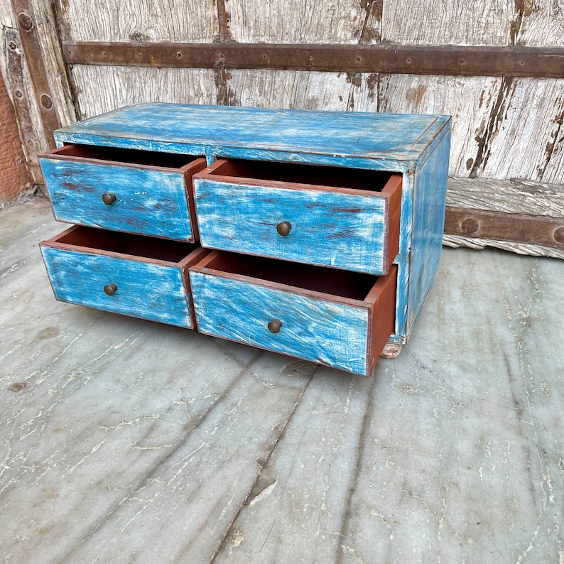 Blue Painted Wooden Rustic Chest of 4 Drawers, Trinket Box, Jewlery Box ...