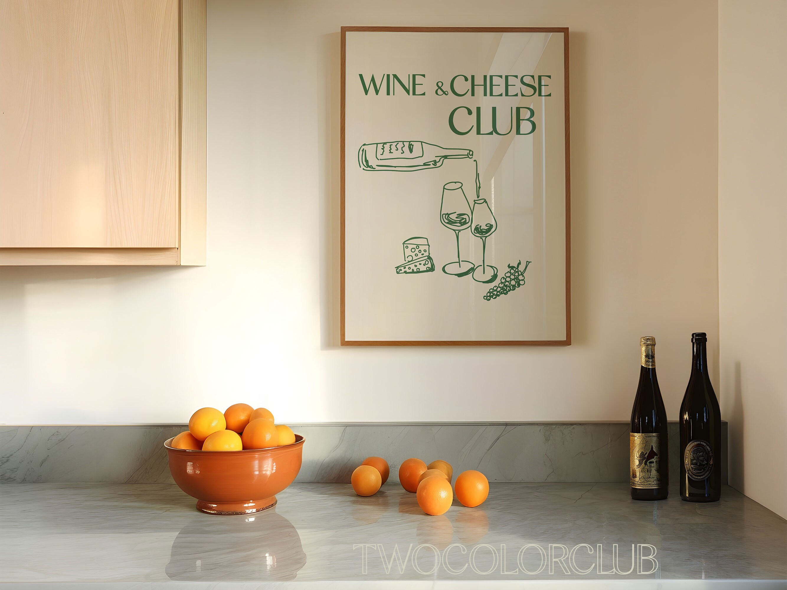 Wine and Cheese Club Poster Download, Beige Green Kitchen Wall Art ...