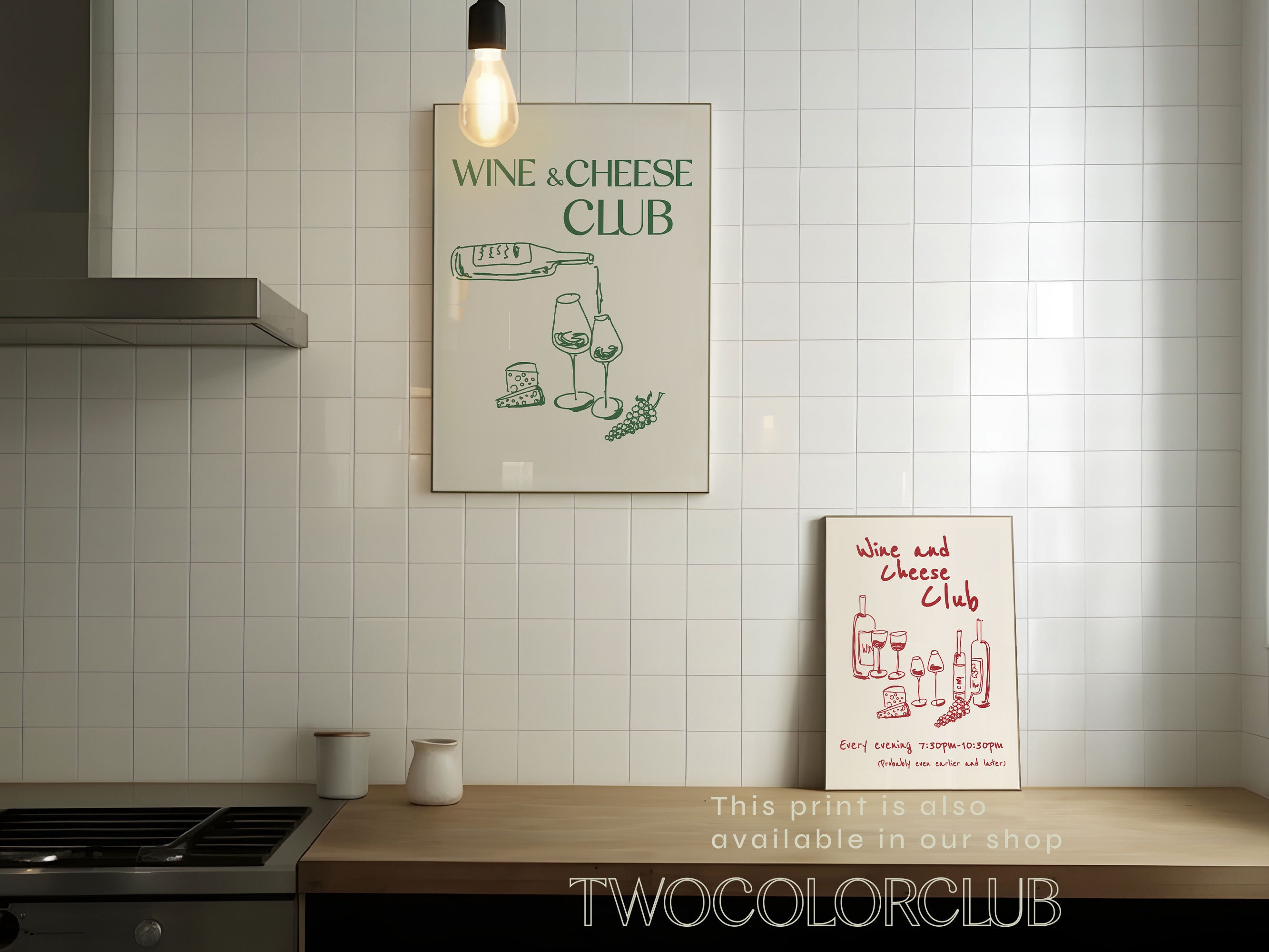Wine and Cheese Club Poster Download, Beige Green Kitchen Wall Art ...