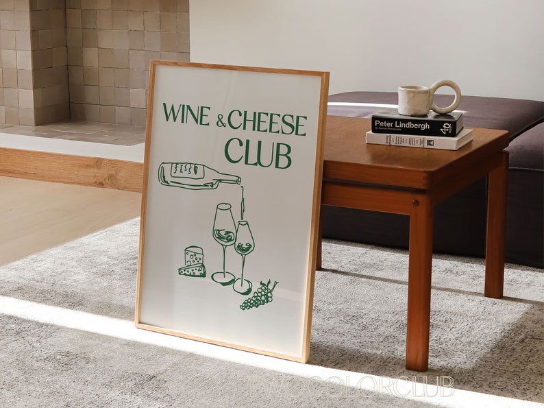 Wine and Cheese Club Poster Download, Beige Green Kitchen Wall Art ...