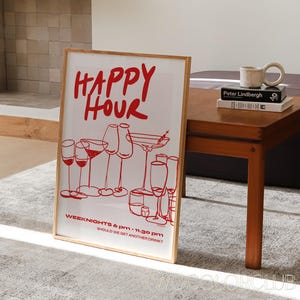 Happy Hour Art Digital Download Cocktail Print Red Pink Happy Hour ...