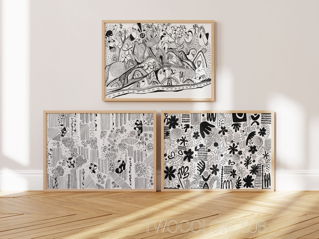 Downloadable Zentangle 3 Piece Wall Art Set Horizontal Black - Etsy