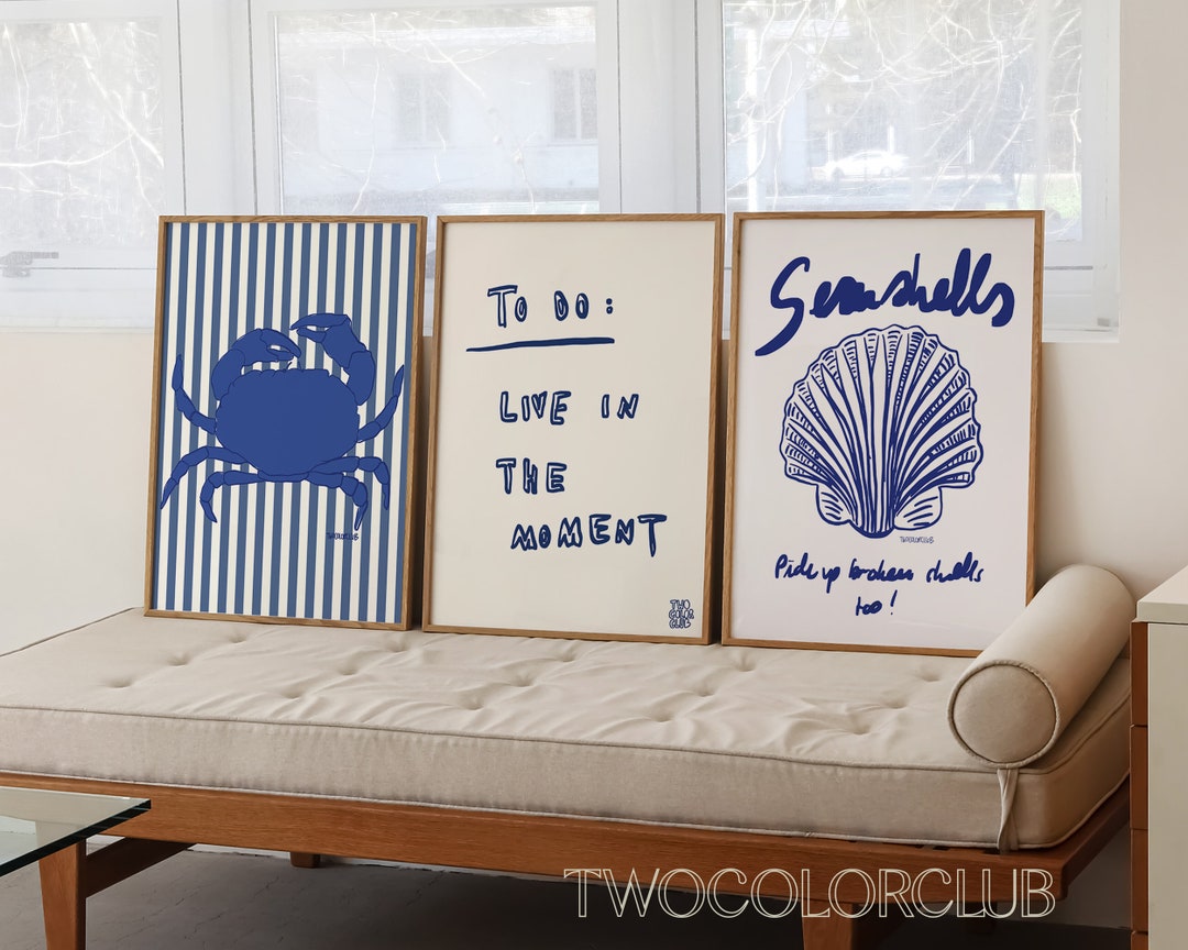 Coastal Prints Set of 3 Crab Art Print Blue Seashell Print Positive Typography "todo: Live in ...