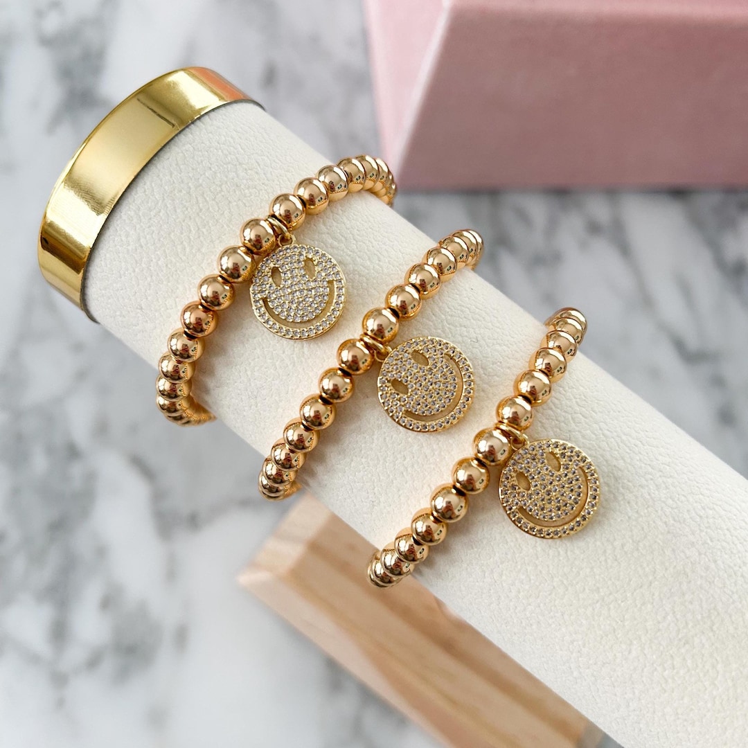 Happy Face Bracelet Gold Smiley Face on Bead Bracelet Good Vibes Only ...