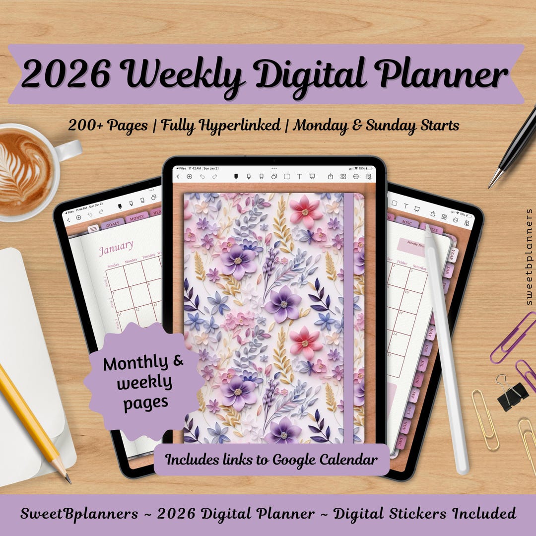 2026 Purple Floral Weekly Planner, Goodnotes, Noteshelf, Digital ...